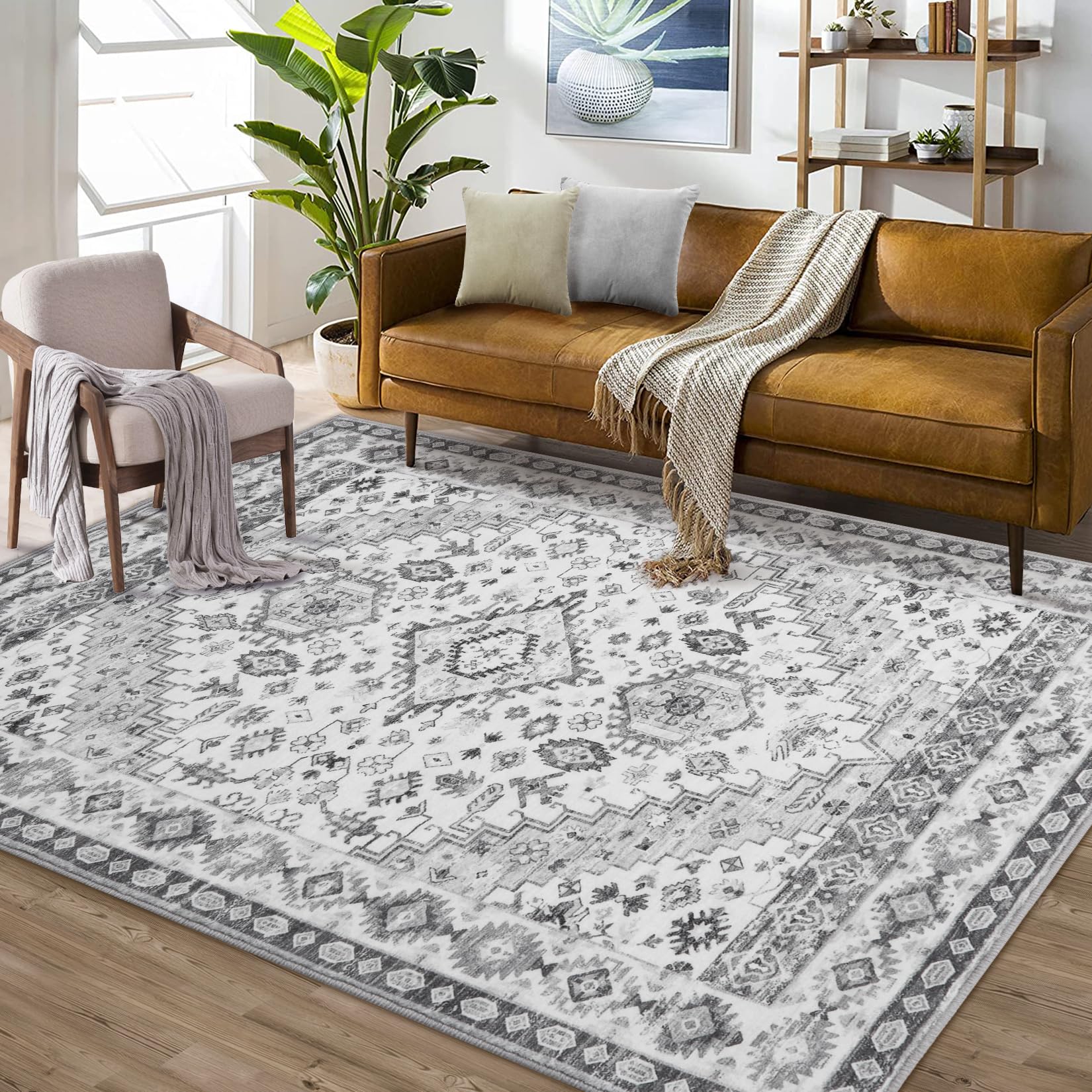 Zacoo Tribal Area Rug 8x10 for Living Room Washable Rugs Oriental Carpet Distressed Non Slip Rug Throw Rugs Non Slip Rugs for Bedroom Green Rug Floor Mats Vintage Rug for Office Classroom, Grey
