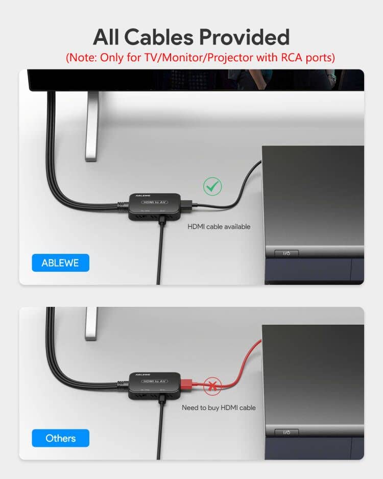 ABLEWE HDMI to RCA Converter, HDMI to RCA Adapter, HDMI to AV 3RCA CVBs Composite Video Audio Converter Adapter for TV Stick/Roku/Apple TV/PC/Laptop/Xbox/HDTV ( with HDMI Cable & USB Cable)