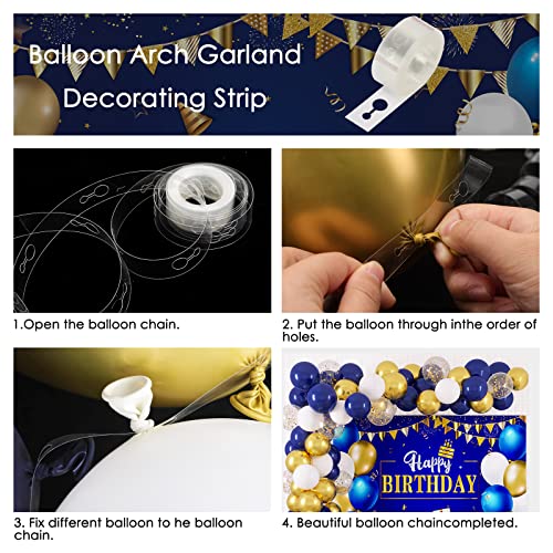 Rubfac Navy Blue Birthday Decorations Happy Birthday Backdrop with 70pc Navy Blue Gold and White Balloon Garland Kit Photo Backdrop Background for Birthday Party Decoration Supplies