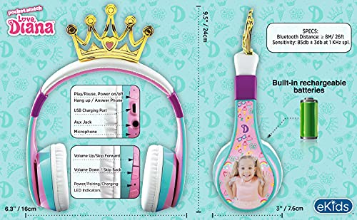 eKids Love Diana Kids Bluetooth Headphones, Wireless Headphones with Microphone Includes Aux Cord, Volume Reduced Kids Foldable Headphones for School, Home, or Travel