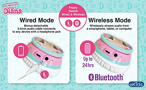 eKids Love Diana Kids Bluetooth Headphones, Wireless Headphones with Microphone Includes Aux Cord, Volume Reduced Kids Foldable Headphones for School, Home, or Travel
