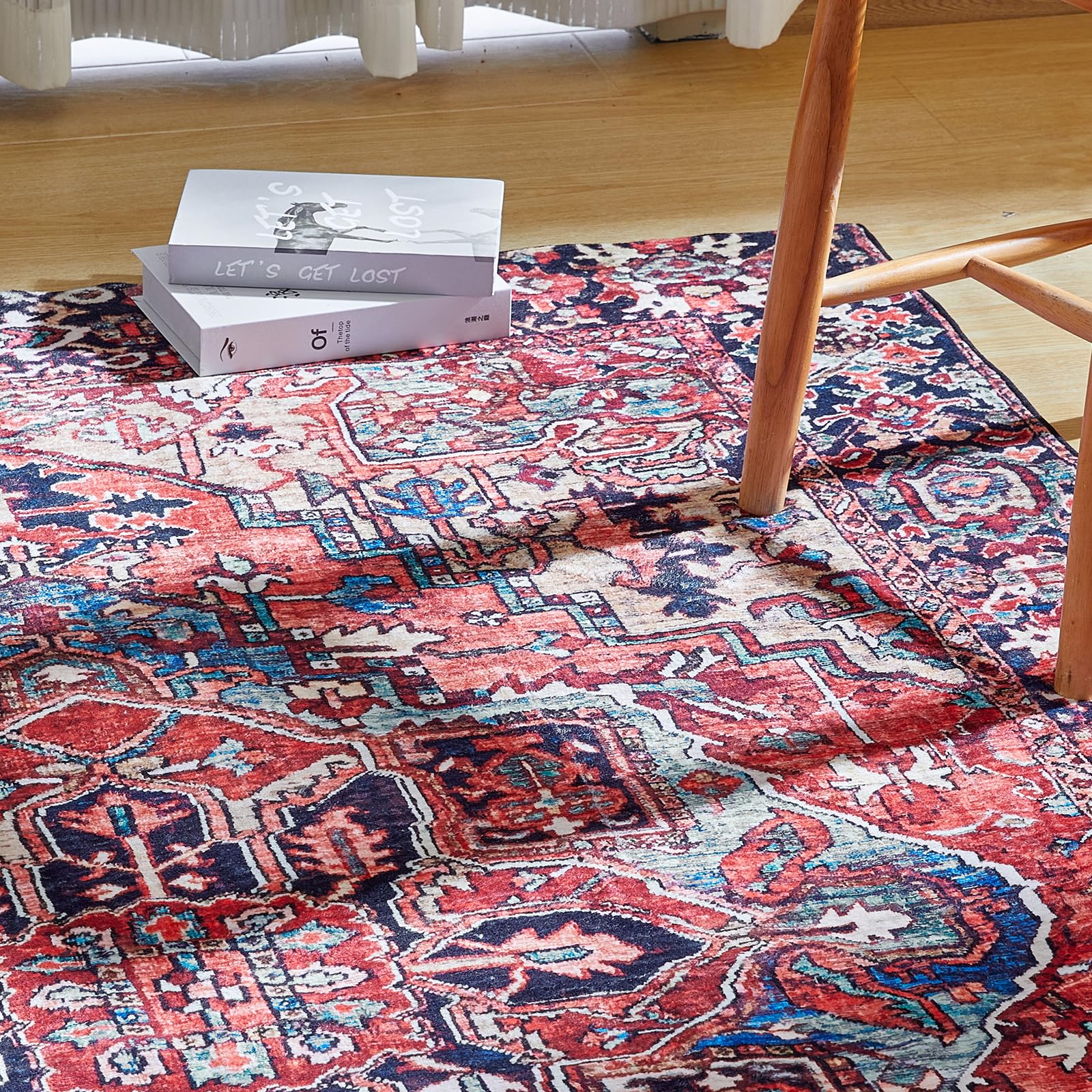 Hecceon Large Area Rugs, Vintage Boho Rugs Soft Fluffy Low Pile Floor Carpet, Foldable Non Slip Machine Washable Rug, Brick Red, 8'x10'