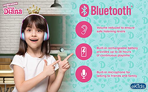 eKids Love Diana Kids Bluetooth Headphones, Wireless Headphones with Microphone Includes Aux Cord, Volume Reduced Kids Foldable Headphones for School, Home, or Travel