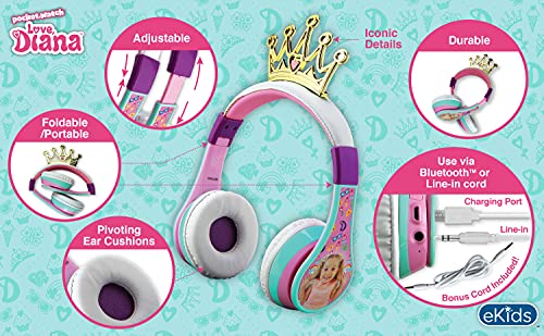 eKids Love Diana Kids Bluetooth Headphones, Wireless Headphones with Microphone Includes Aux Cord, Volume Reduced Kids Foldable Headphones for School, Home, or Travel