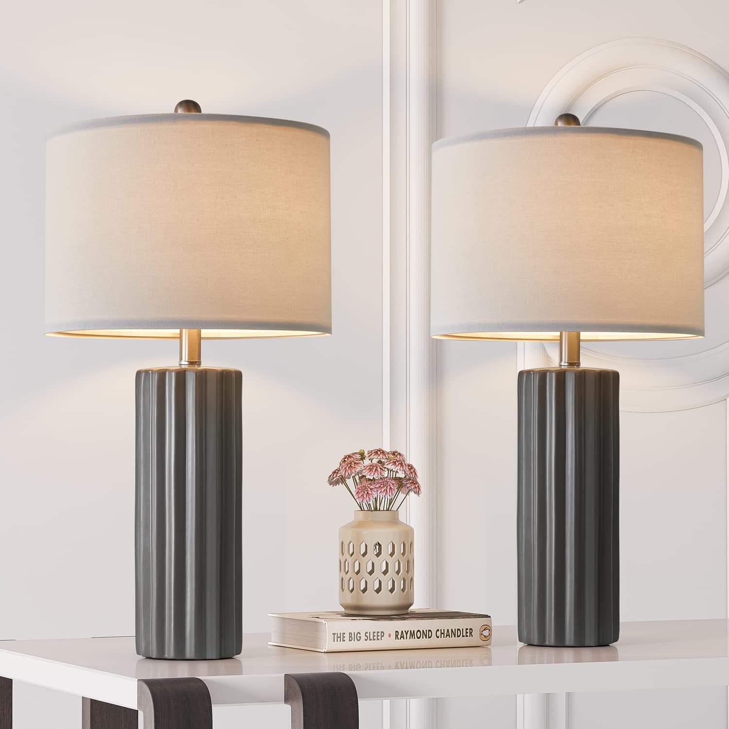 Oneach 25'' Farmhouse Ceramic Table Lamp Set of 2 for Bedroom Living Room House Decor Deep Charcoal Grey Desk Lamps Home Office Dorm Rustic Modern Style Lamp