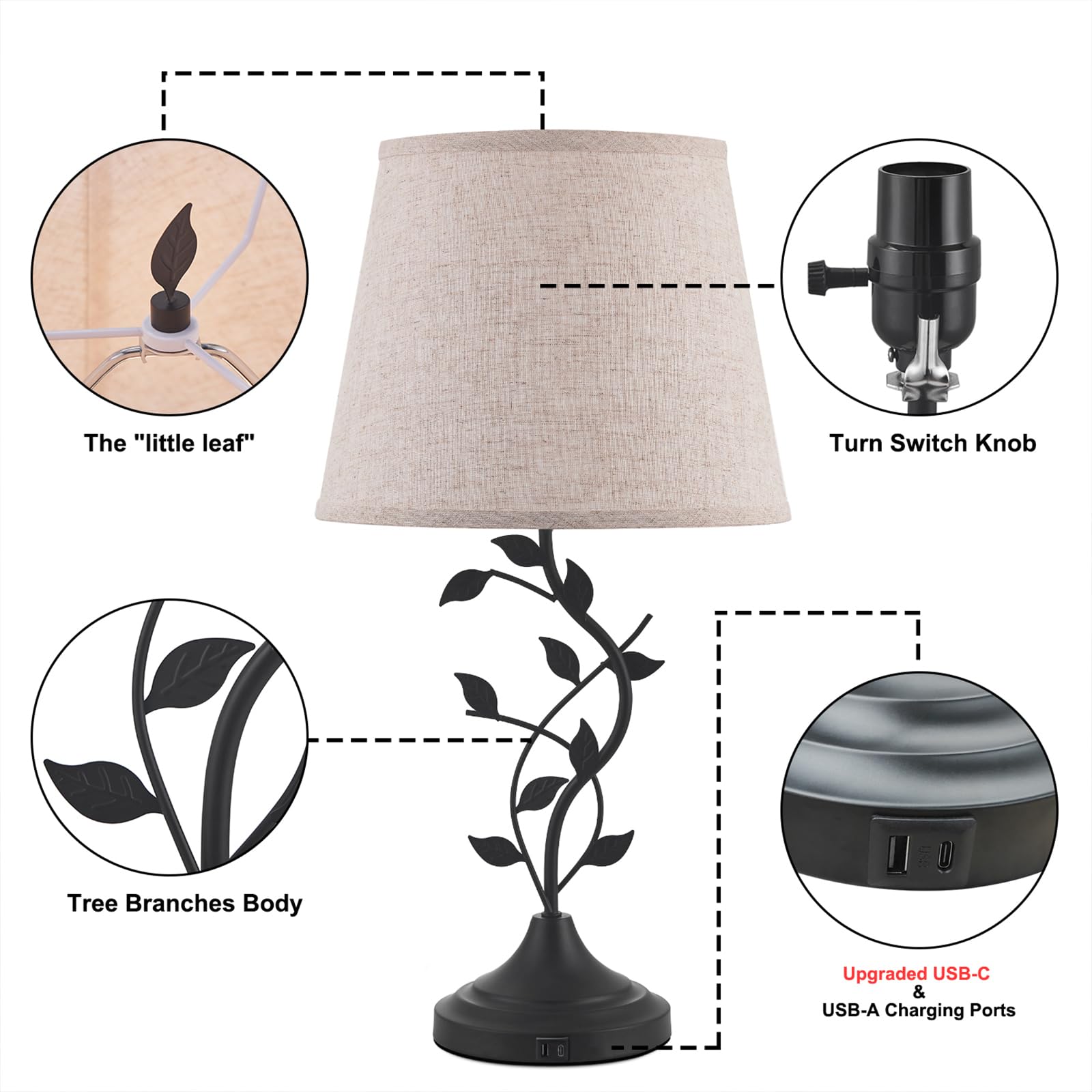 Kakanuo USB Charging Bedside Nightstand Lamp for Living Room and Bedroom - Traditional Tall Retro Desk Lamp with USB-A and USB-C Ports