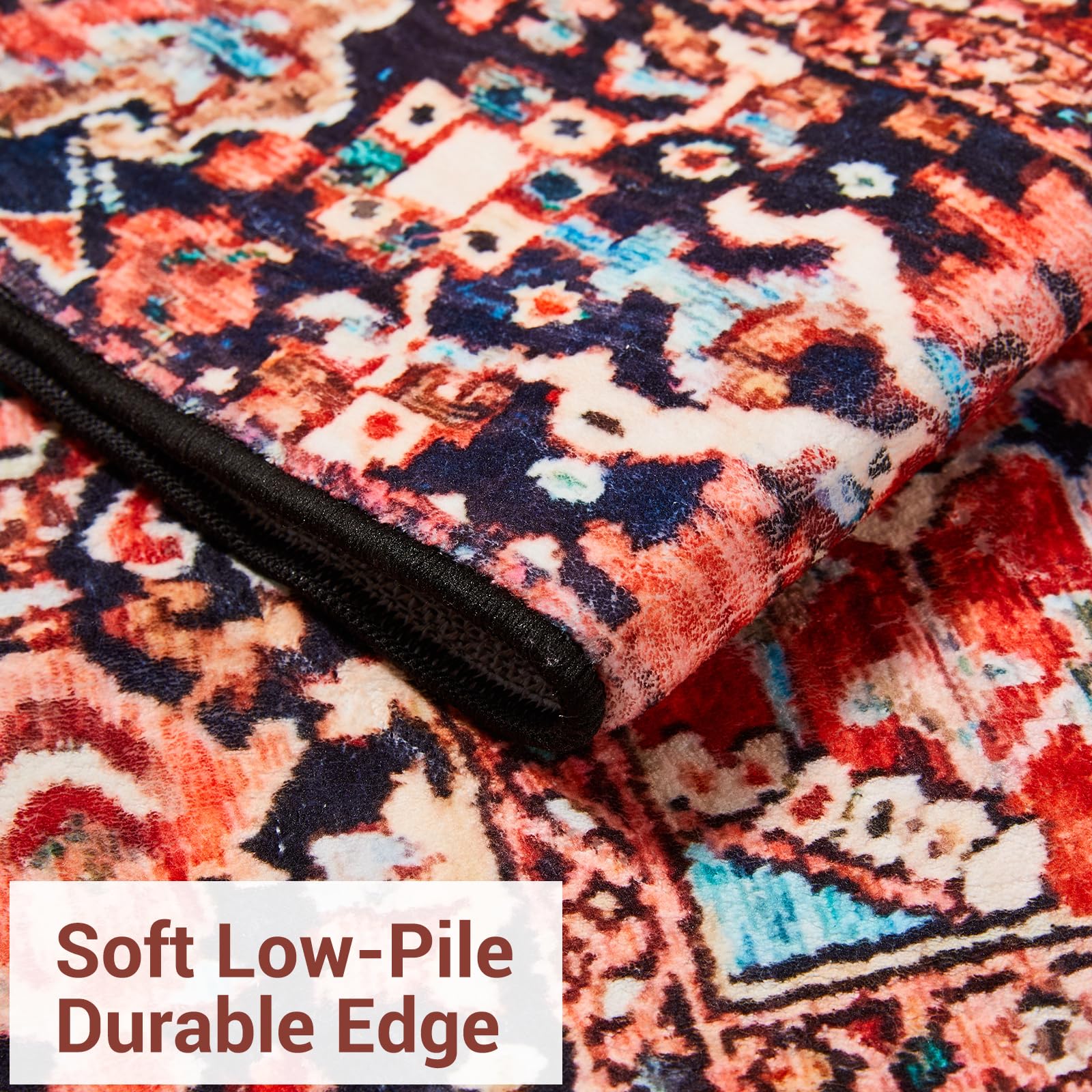 Hecceon Large Area Rugs, Vintage Boho Rugs Soft Fluffy Low Pile Floor Carpet, Foldable Non Slip Machine Washable Rug, Brick Red, 8'x10'