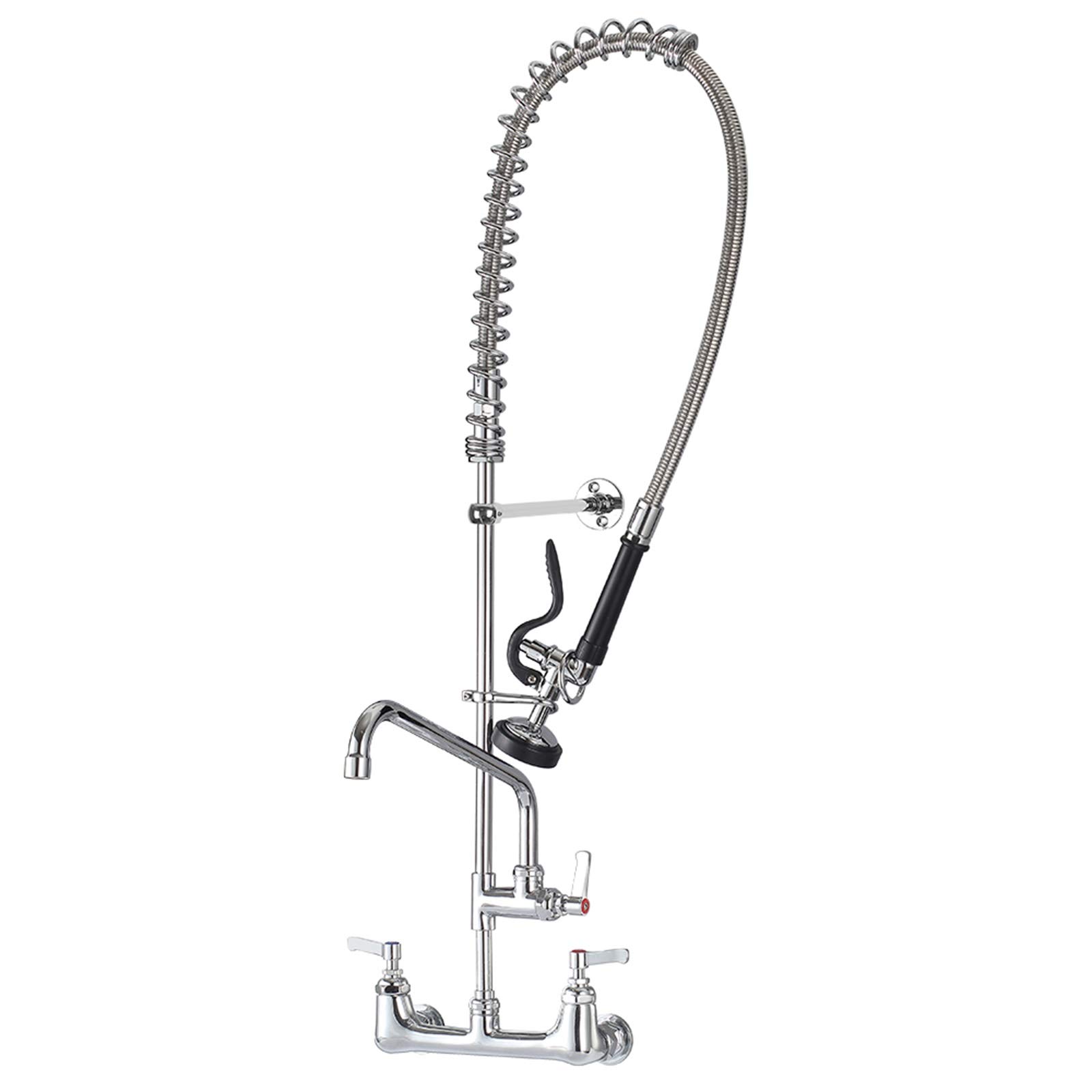 CWM Commercial Sink Faucet with Sprayer-43 Inch Commercial Kitchen Faucet 8 Inches Center Wall Mount Pre Rinse Faucet with 12 Inches Add on Spout