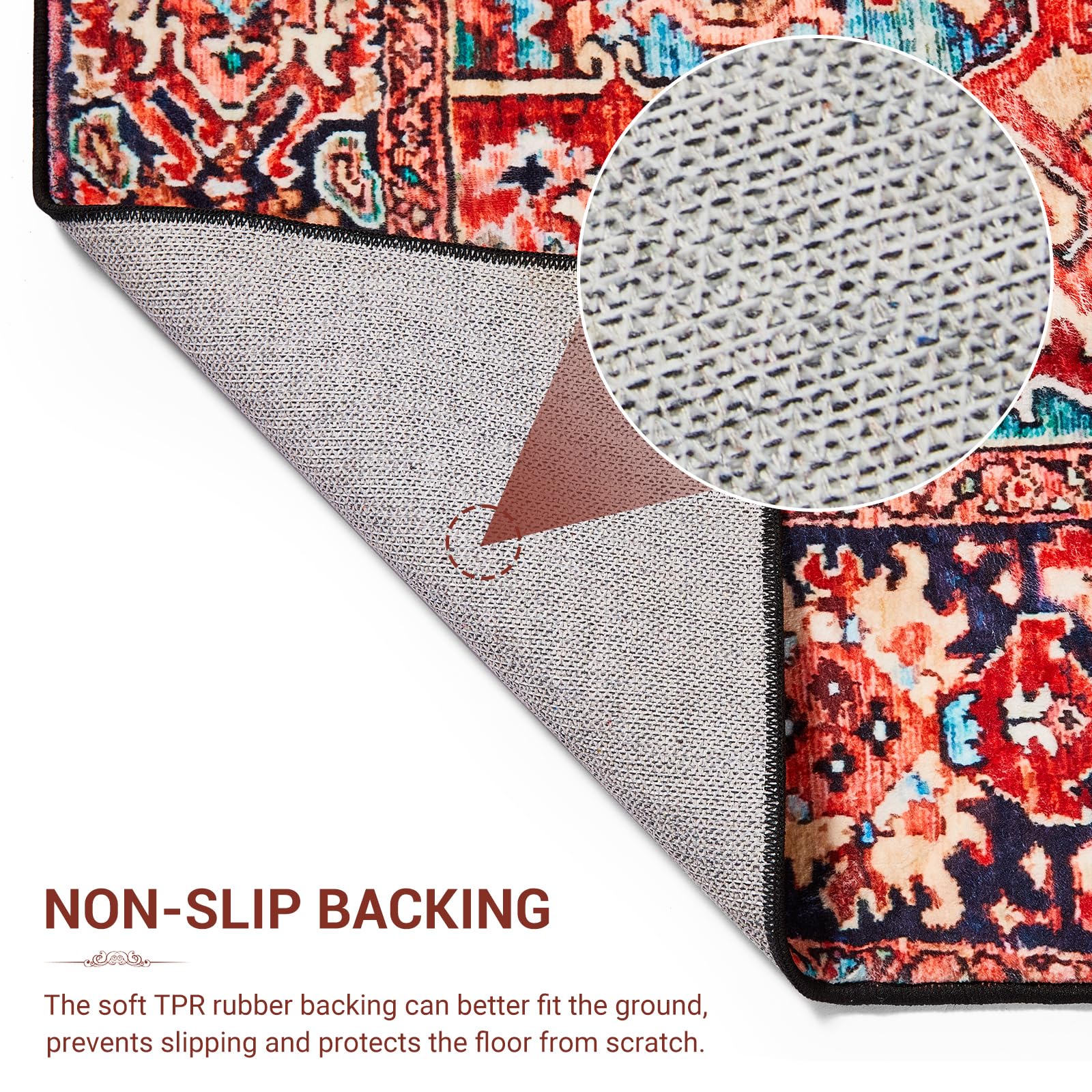 Hecceon Large Area Rugs, Vintage Boho Rugs Soft Fluffy Low Pile Floor Carpet, Foldable Non Slip Machine Washable Rug, Brick Red, 8'x10'