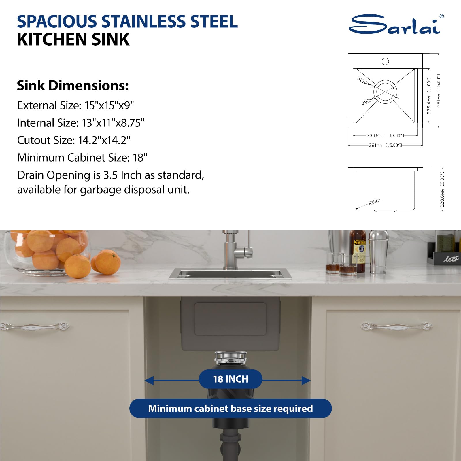 Sarlai 15 Bar Sink Drop In -15x15 Inch Kitchen Bar Sink Stainless Steel 16 Gauge Ledge Workstation Single Bowl Topmount Kitchen RV Wet Bar Outdoor Camper Small Drop Sink