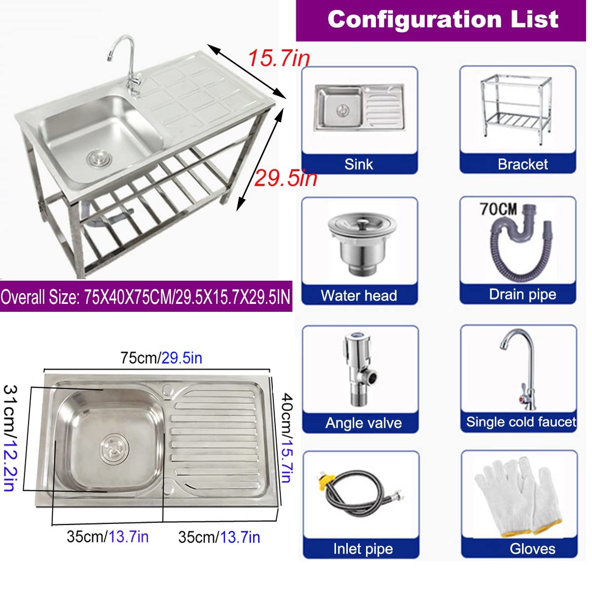 MELPIS Freestanding Kitchen Sink - 30" x 16" Stainless Steel Sink, Commercial Restaurant Bar Sink Set w/Faucet & Drainboard, Space Saving Laundry Tub, Utility Single Bowl Sink for Laundry