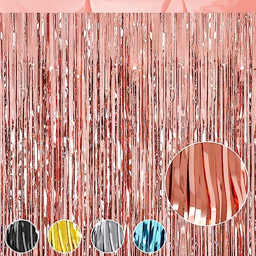 6 Pack Rose Gold Foil Fringe Curtains Party Backdrop, 3.28 x 8.2 ft Metallic Foil Tinsel Fringe Backdrop Door Fringe for Photo Wedding Birthday Bridal Showers Graduation Theme Party Decorations