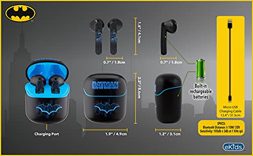 eKids Batman Bluetooth Earbuds with Microphone, Kids Wireless Earbuds with Charging Case for Ear Buds, for Fans of Batman Gifts and Merchandise