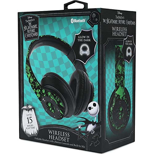Disney Nightmare Before Christmas Glow in The Dark Bluetooth Headphones Over Ear, Wireless and Wired Foldable Headset Built-in Microphone - Tim Burton Jack Skellington & Sally - Adults Kids