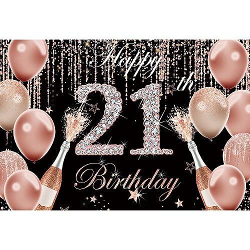 CRTPOD 10x8ft 21th Birthday Backdrop for Photography Rose Gold Balloon Champagne Diamond Glitter Background for Girl Women Birthday Party Cake Table Banner Photoshoot Studio Props