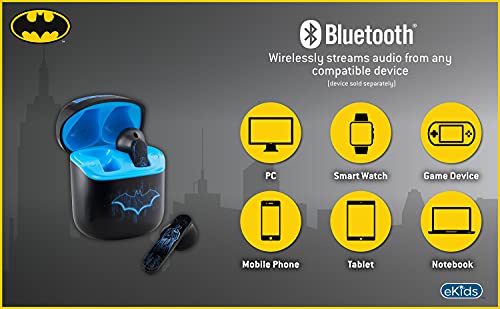 eKids Batman Bluetooth Earbuds with Microphone, Kids Wireless Earbuds with Charging Case for Ear Buds, for Fans of Batman Gifts and Merchandise