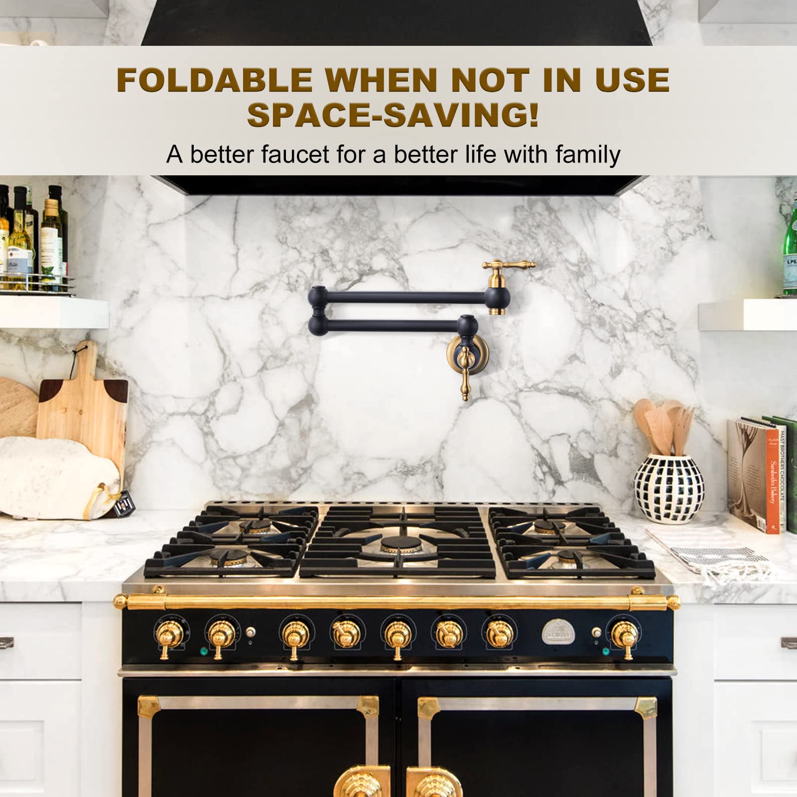 WOWOW Pot Filler Faucet Over Stove, Solid Brass Pot Filler Wall Mount Commercial Kitchen Sink Pot Filler Copper Folding Faucet, with Stretchable Double Joint Swing Arm, Black and Gold
