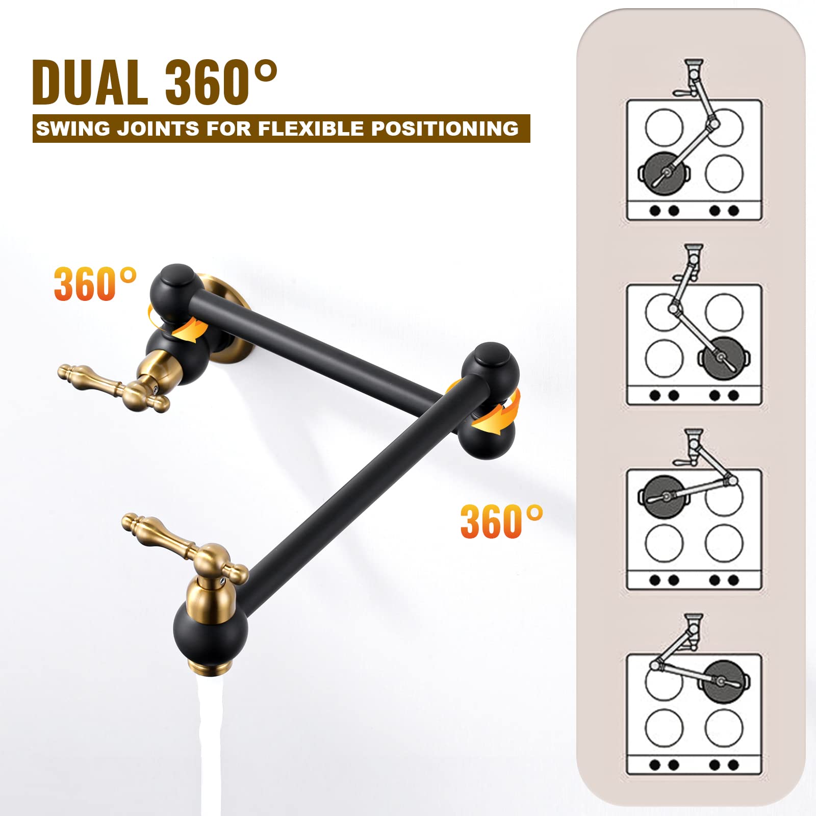 WOWOW Pot Filler Faucet Over Stove, Solid Brass Pot Filler Wall Mount Commercial Kitchen Sink Pot Filler Copper Folding Faucet, with Stretchable Double Joint Swing Arm, Black and Gold
