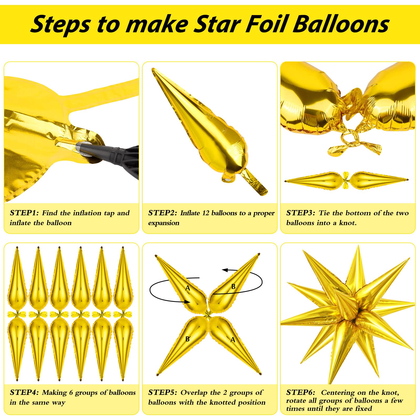 60 Pcs Gold Star Balloons Explosion 12 Point Foil Cone Balloons Magic Starburst Balloons Large for Wedding Anniversary Backdrop Birthday Party Decorations