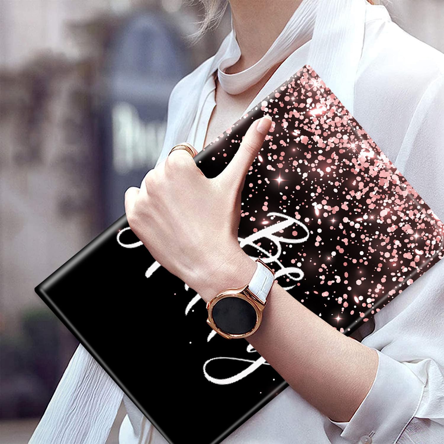 Case for Samsung Galaxy Tab S8 Plus 2022/ Tab S7 FE 5G 2021/ Tab S7 Plus 2020 Tablet 12.4-inch, Multi-Angle Bracket with Automatic Sleep/Wake Protection Case - Rose Gold Glitter Black Be Happy