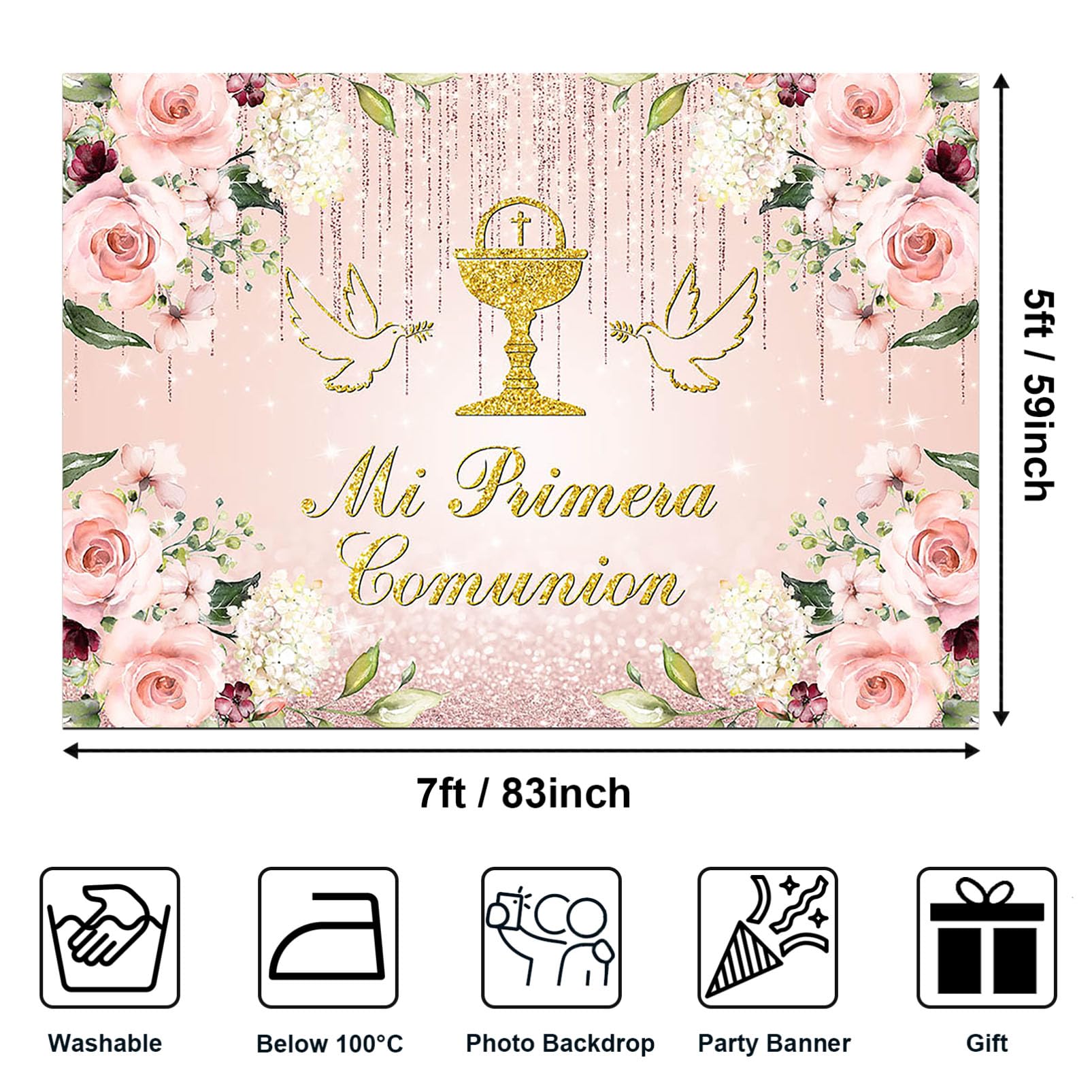 Avezano Mi Primera Comunion Backdrop Girls First Holy Communion Baptism Decorations Gold Grail God Bless Party Baby Shower Background (7x5ft, 83x59inch, Pink)