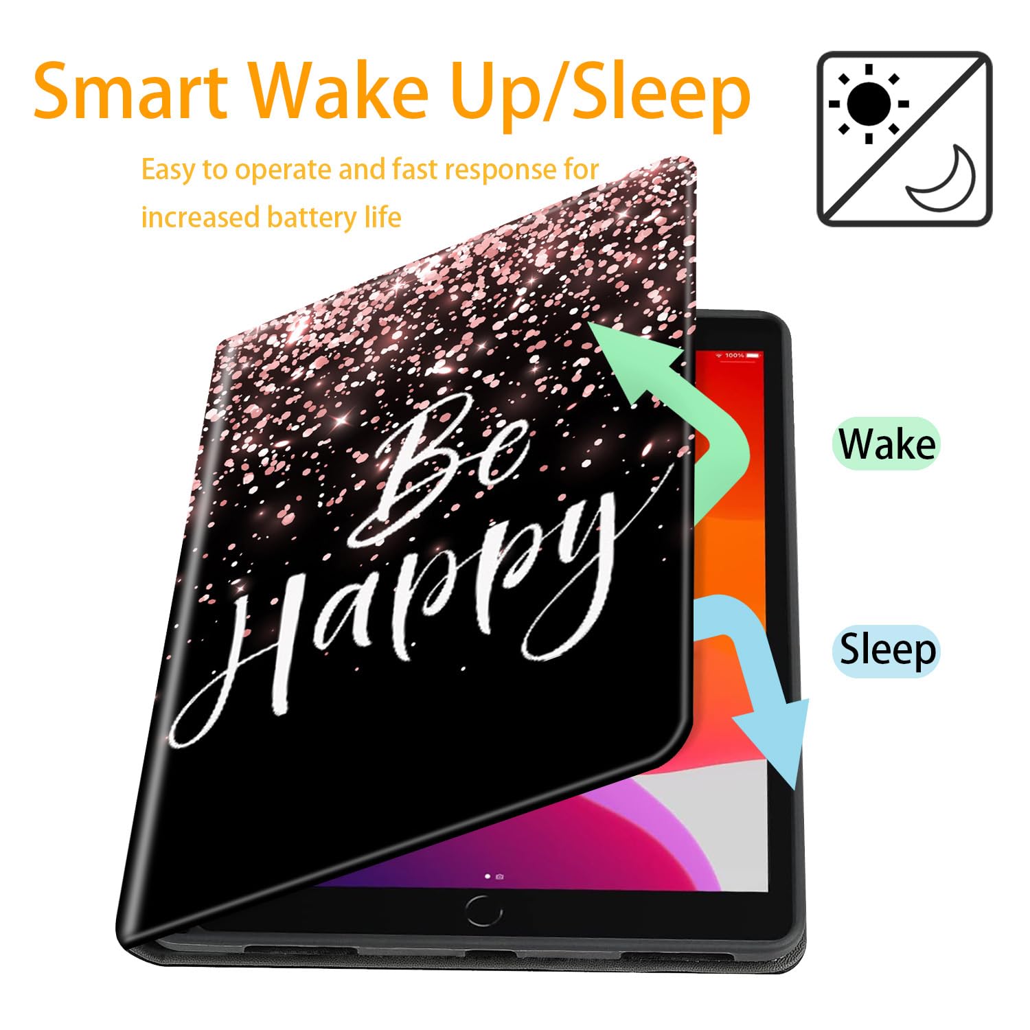 Case for Samsung Galaxy Tab S8 Plus 2022/ Tab S7 FE 5G 2021/ Tab S7 Plus 2020 Tablet 12.4-inch, Multi-Angle Bracket with Automatic Sleep/Wake Protection Case - Rose Gold Glitter Black Be Happy