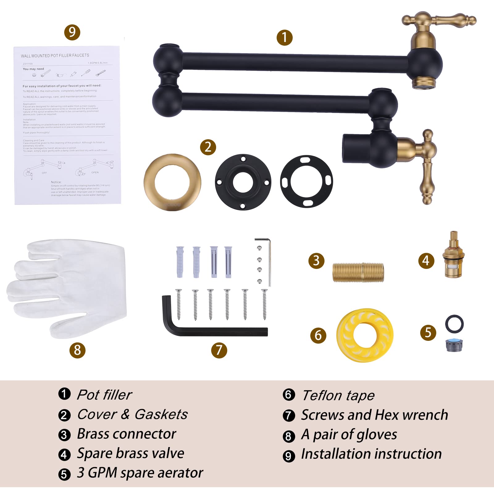 WOWOW Pot Filler Faucet Over Stove, Solid Brass Pot Filler Wall Mount Commercial Kitchen Sink Pot Filler Copper Folding Faucet, with Stretchable Double Joint Swing Arm, Black and Gold