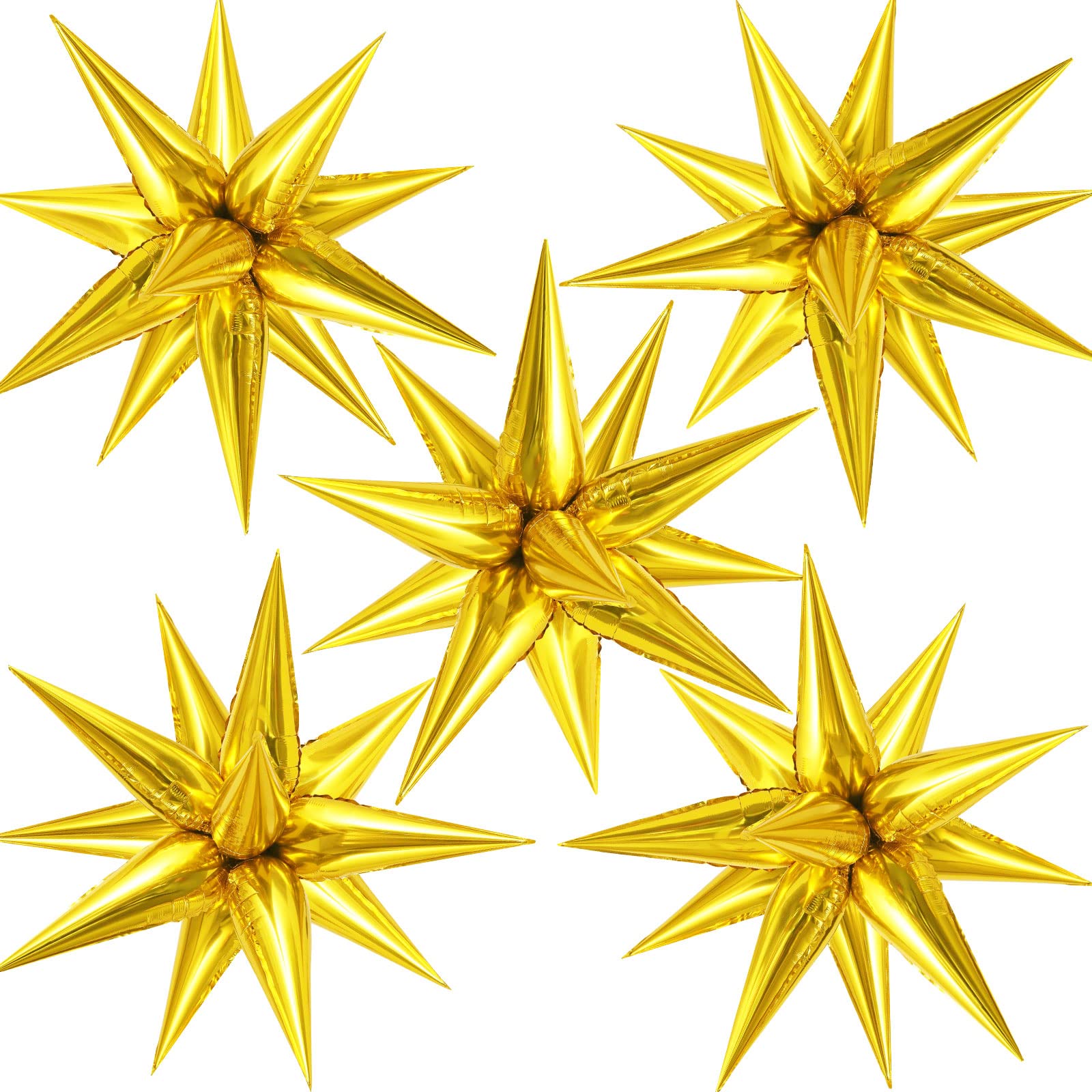 60 Pcs Gold Star Balloons Explosion 12 Point Foil Cone Balloons Magic Starburst Balloons Large for Wedding Anniversary Backdrop Birthday Party Decorations