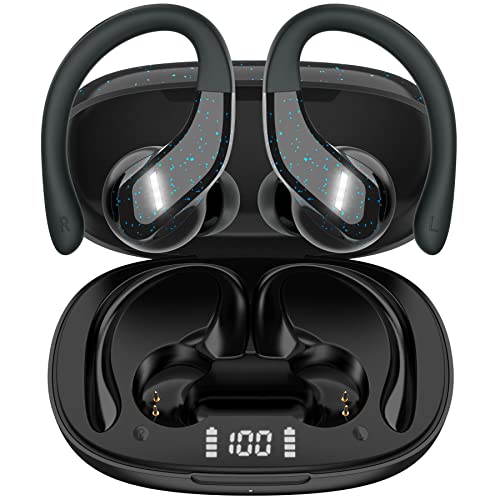 comiso Wireless Earbuds, IPX7 Waterproof Bluetooth Headphones, Big Bass, Sport Earphones with Earhooks LED Display Built-in Mic 48H Charging Case Bluetooth 5.2 for Workout Running Jogging Black