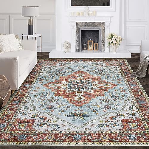 RUGSREAL Washable Rugs 8x10 Living Room Rug Large Rug Boho Carpet Oriental Distressed Rugs Bohemian Carpet Non-Slip Area Rugs for Dining Room Farmhouse Bedroom Office Home Decor