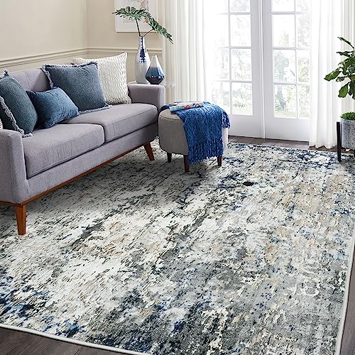 Miukiki 8x10 Area Rugs for Living Room,Anti-Slip Backing Washable Rug,Stain Resistant Modern Abstract Large Area Rug,Ultra-Thin Room Decor Rugs (Navy/Gold,8'x10')