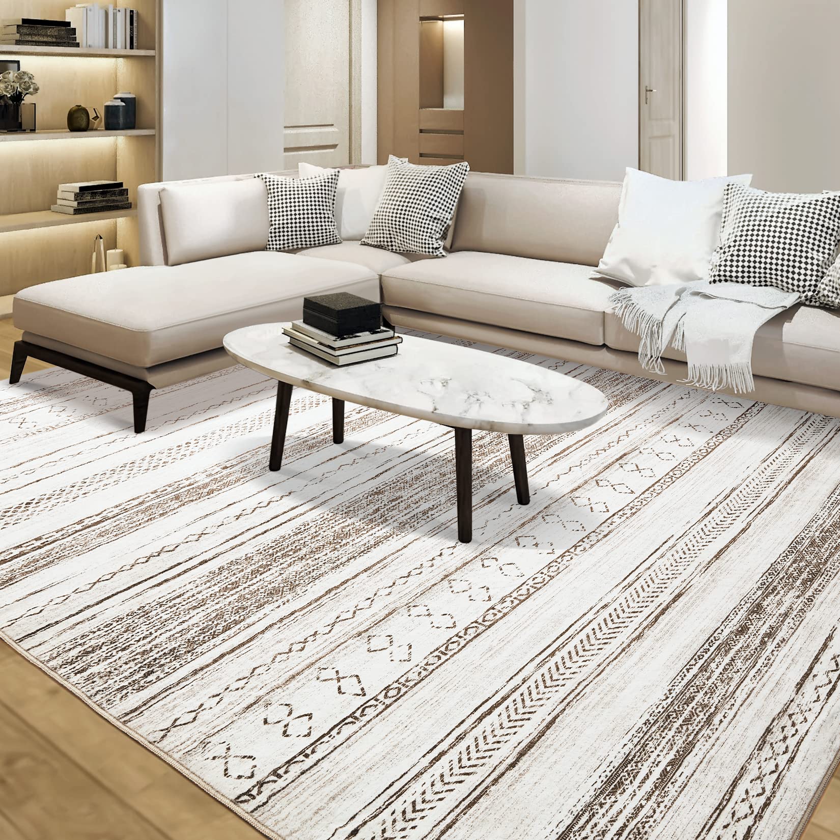 Tortania Beige Living Room Rug 8x10 with 10 PCS Rug Tape Set