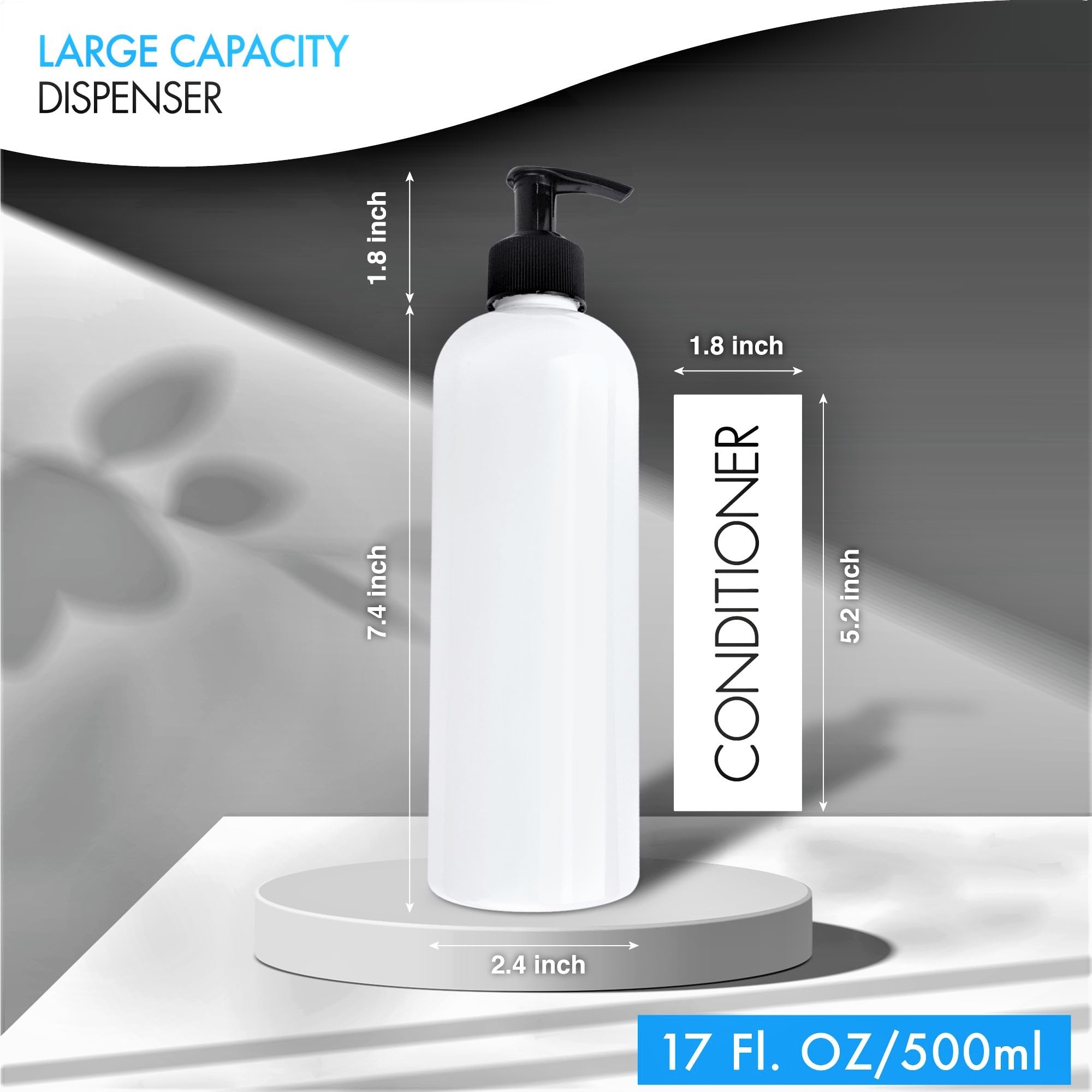 Empty White Plastic Shampoo & Conditioner Bottles (Pack of 6, 17 Fl. Oz) - 3 Screen Printed Bottles and 3 Bottles with 6 Transparent Stckers