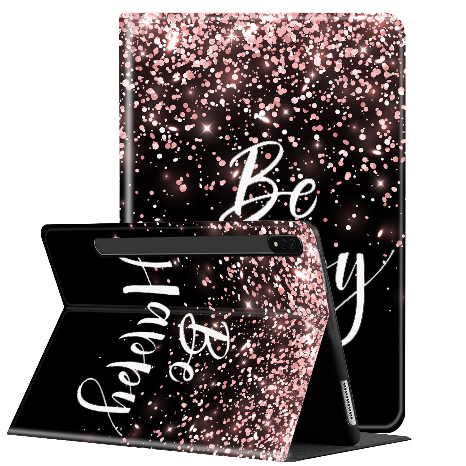 Case for Samsung Galaxy Tab S8 Plus 2022/ Tab S7 FE 5G 2021/ Tab S7 Plus 2020 Tablet 12.4-inch, Multi-Angle Bracket with Automatic Sleep/Wake Protection Case - Rose Gold Glitter Black Be Happy