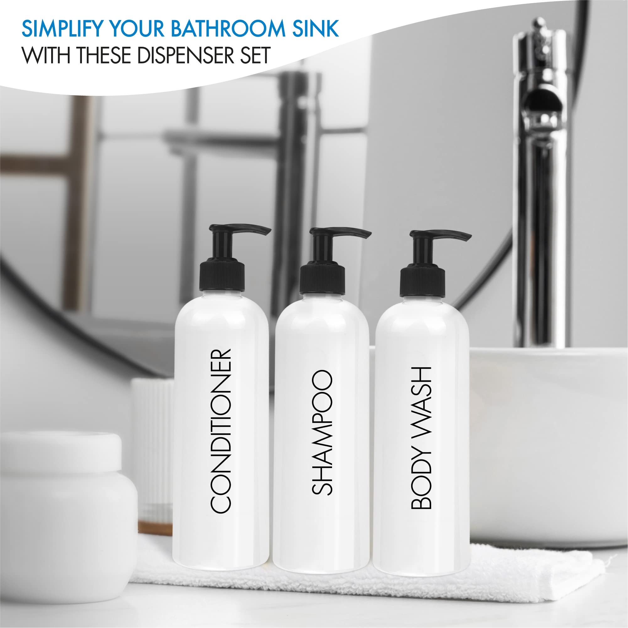 Empty White Plastic Shampoo & Conditioner Bottles (Pack of 6, 17 Fl. Oz) - 3 Screen Printed Bottles and 3 Bottles with 6 Transparent Stckers
