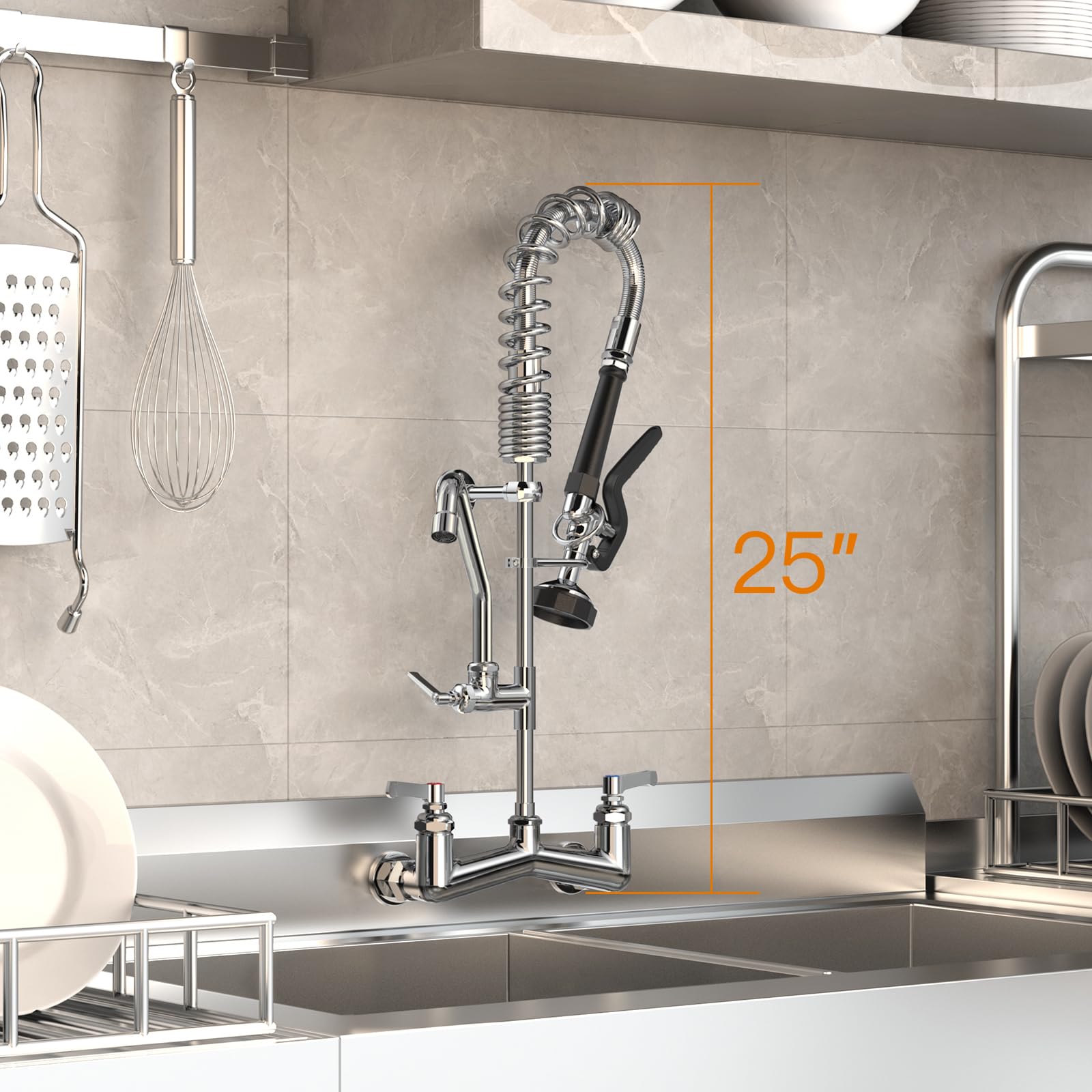 FAUAID Commercial Sink Faucet with Sprayer 25" Height 8" Adjustable Center 10" Swing Spout,Brass Constructed Wall Mount Commercial Faucet with Pull Down Pre-Rinse Sprayer for 1/2 Compartment Sink(25")