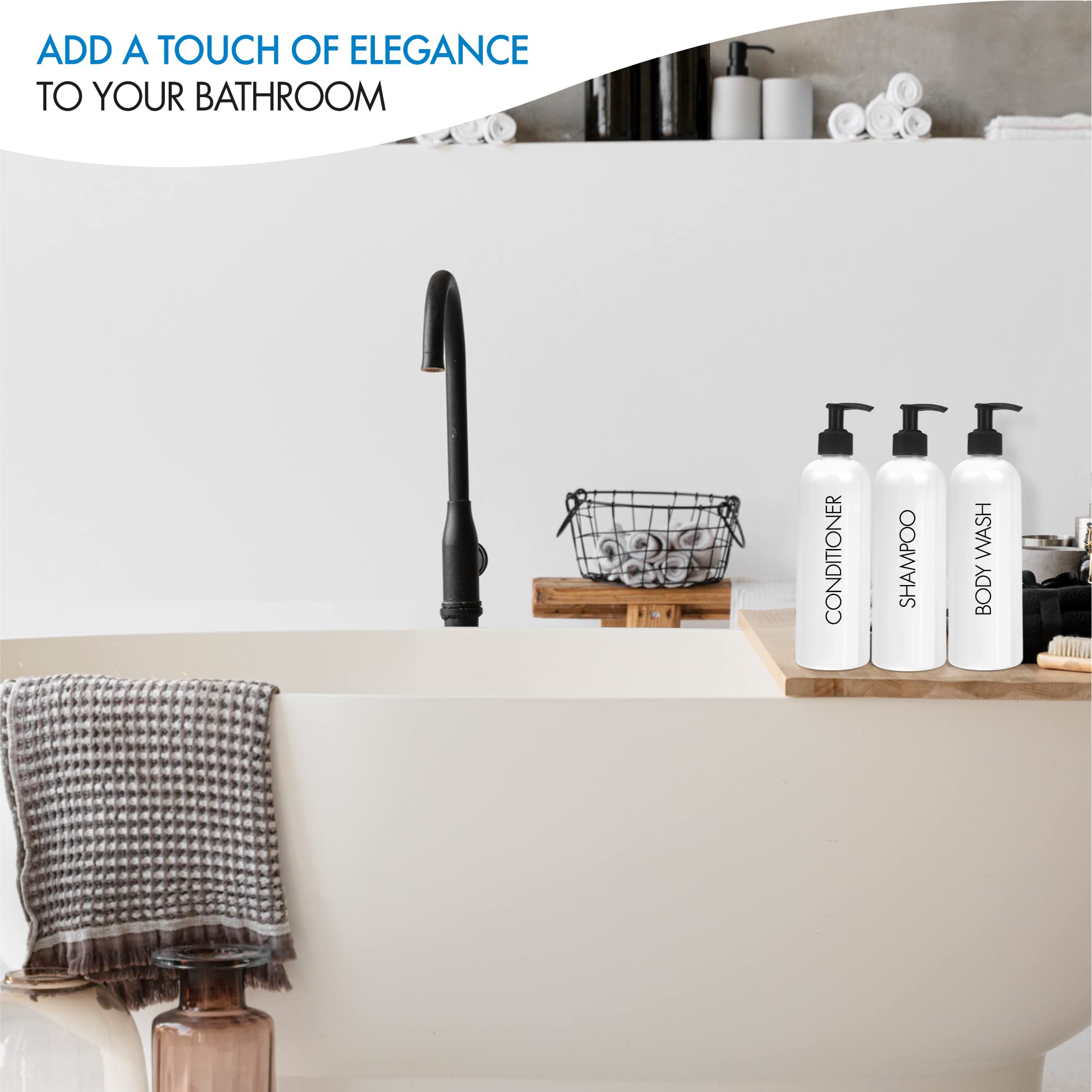 Empty White Plastic Shampoo & Conditioner Bottles (Pack of 6, 17 Fl. Oz) - 3 Screen Printed Bottles and 3 Bottles with 6 Transparent Stckers
