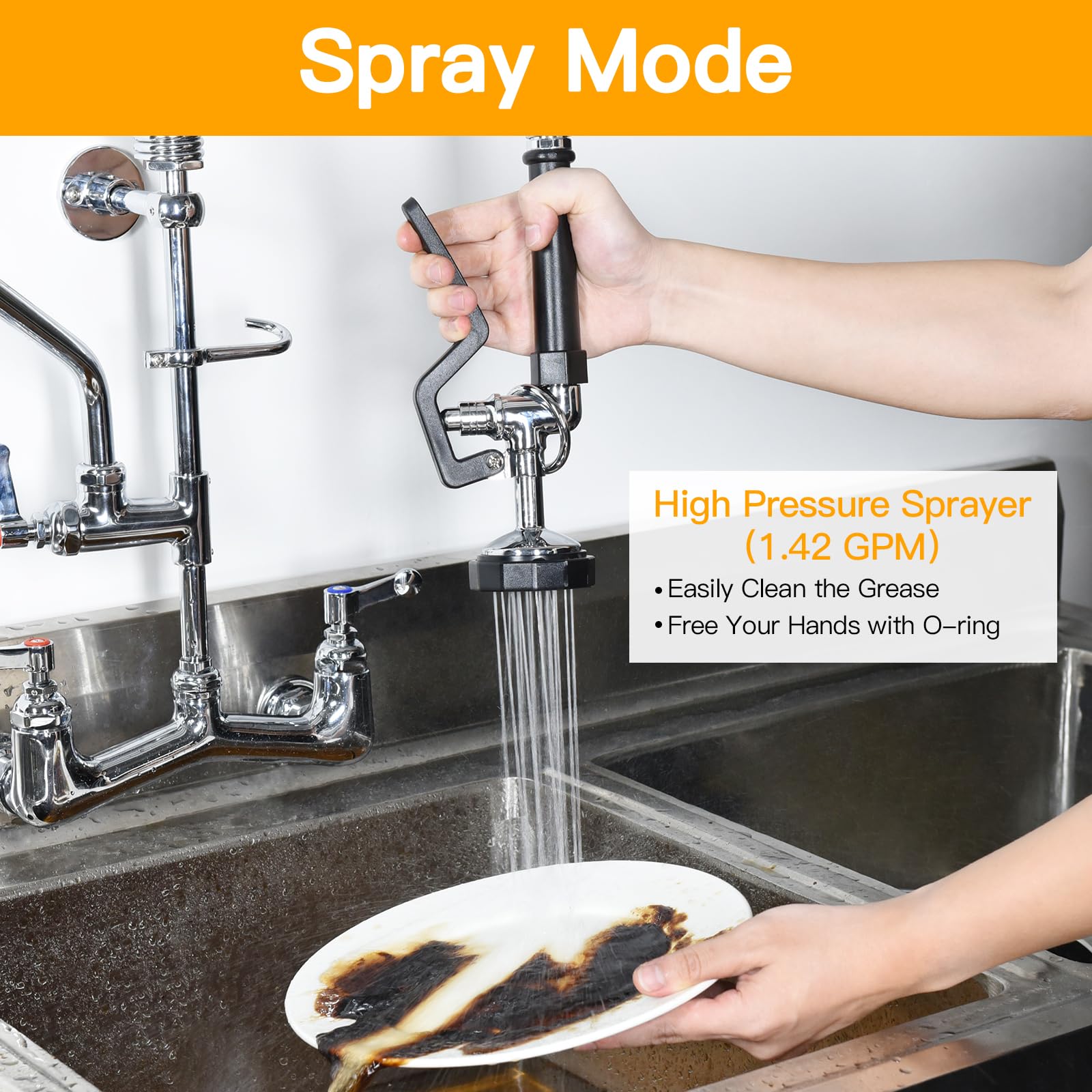 FAUAID Commercial Sink Faucet with Sprayer 25" Height 8" Adjustable Center 10" Swing Spout,Brass Constructed Wall Mount Commercial Faucet with Pull Down Pre-Rinse Sprayer for 1/2 Compartment Sink(25")
