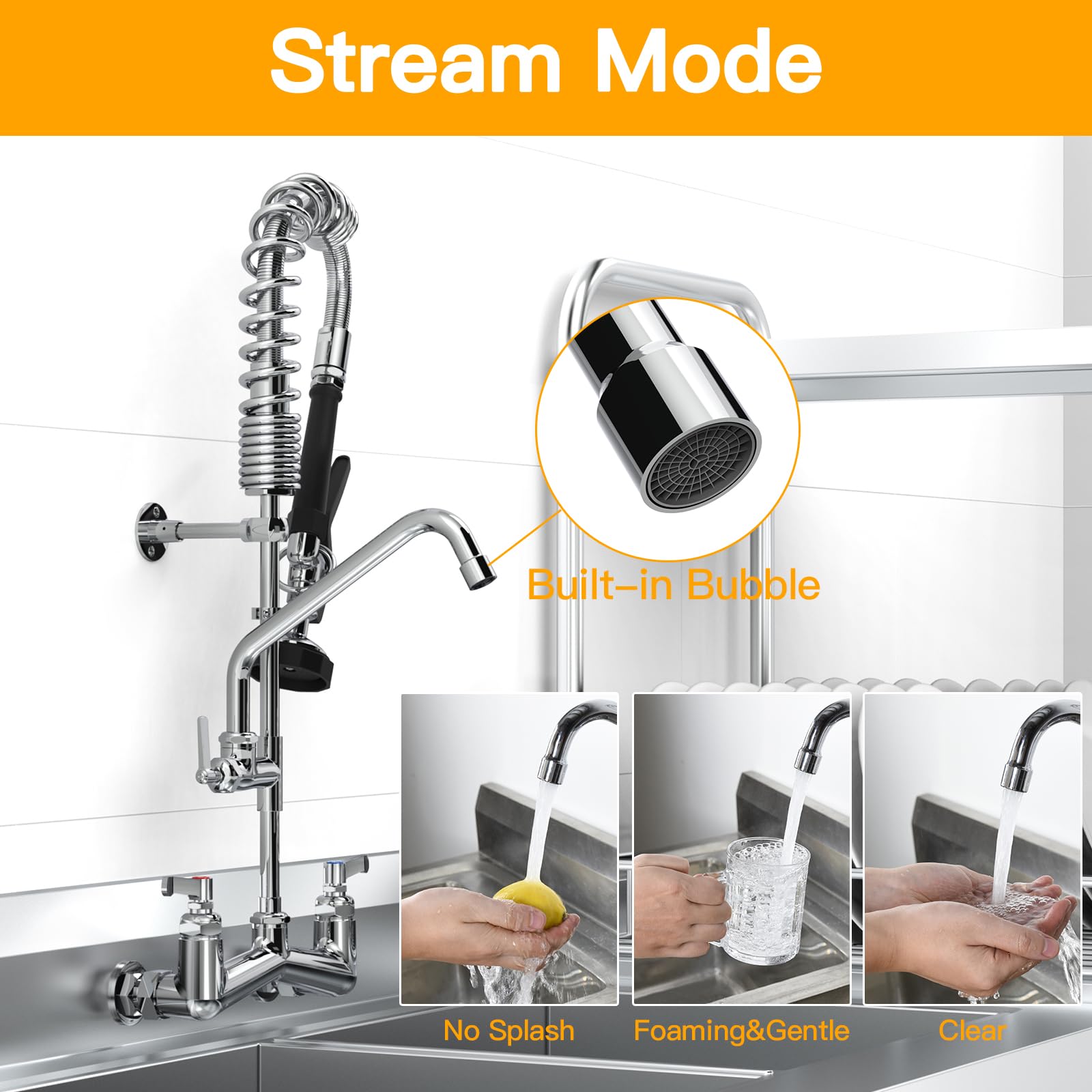 FAUAID Commercial Sink Faucet with Sprayer 25" Height 8" Adjustable Center 10" Swing Spout,Brass Constructed Wall Mount Commercial Faucet with Pull Down Pre-Rinse Sprayer for 1/2 Compartment Sink(25")