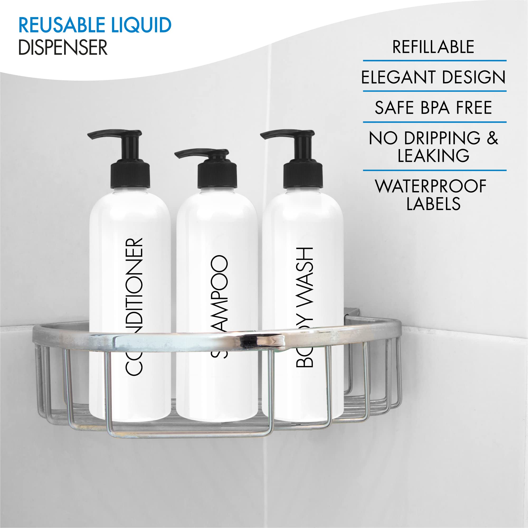 Empty White Plastic Shampoo & Conditioner Bottles (Pack of 6, 17 Fl. Oz) - 3 Screen Printed Bottles and 3 Bottles with 6 Transparent Stckers
