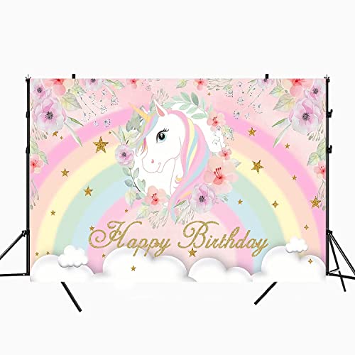 GEAMLA 7x5ft Pink Rainbow Unicorn Birthday Party Decoration - Photography Backdrop & Decorations for Girls Bedroom