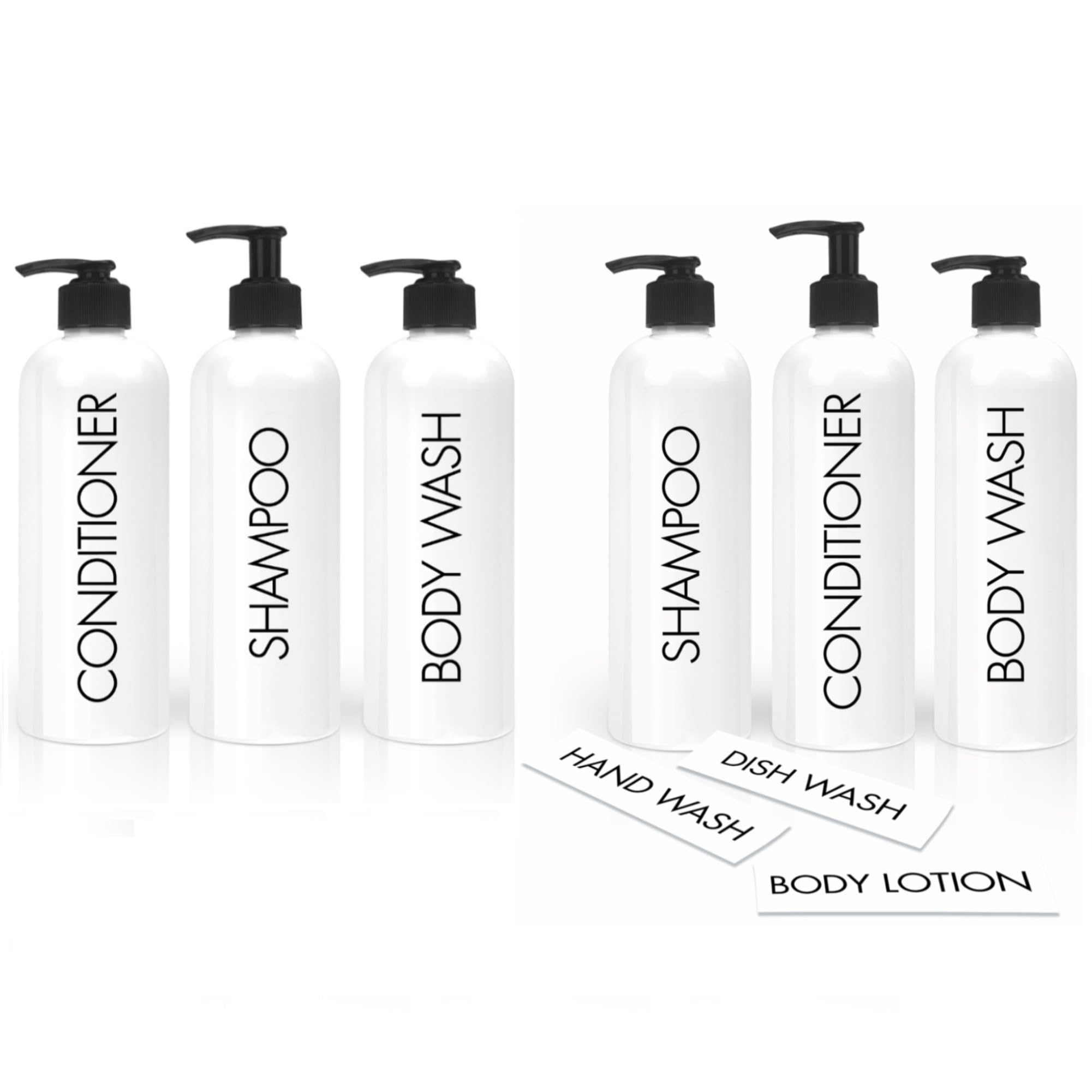 Empty White Plastic Shampoo & Conditioner Bottles (Pack of 6, 17 Fl. Oz) - 3 Screen Printed Bottles and 3 Bottles with 6 Transparent Stckers