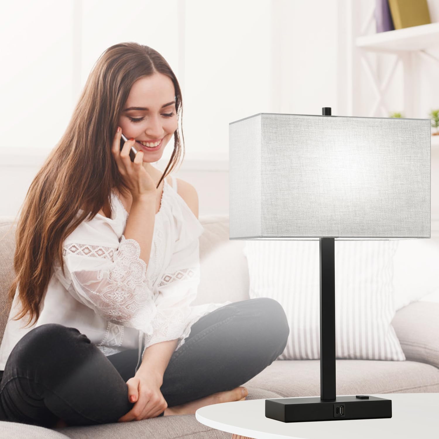 21" Set of 2 Touch Control Table Lamps with 2 USB & AC Outlets, 3-Way Dimmable Modern Nightstand Lamps for Bedroom Living Room Office Reading, Gray Shade Bedside Lamps, 5000K LED Bulbs Included
