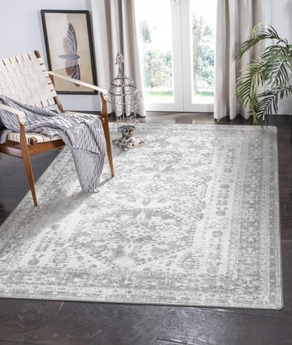 BEIMO Area Rugs for Living Room 8x10 Machine Washable Bedroom Rugs Distressed Vintage Print Gray Large Throw Rug Dining Room Aesthetic, Non Slip Carpet with Gripper