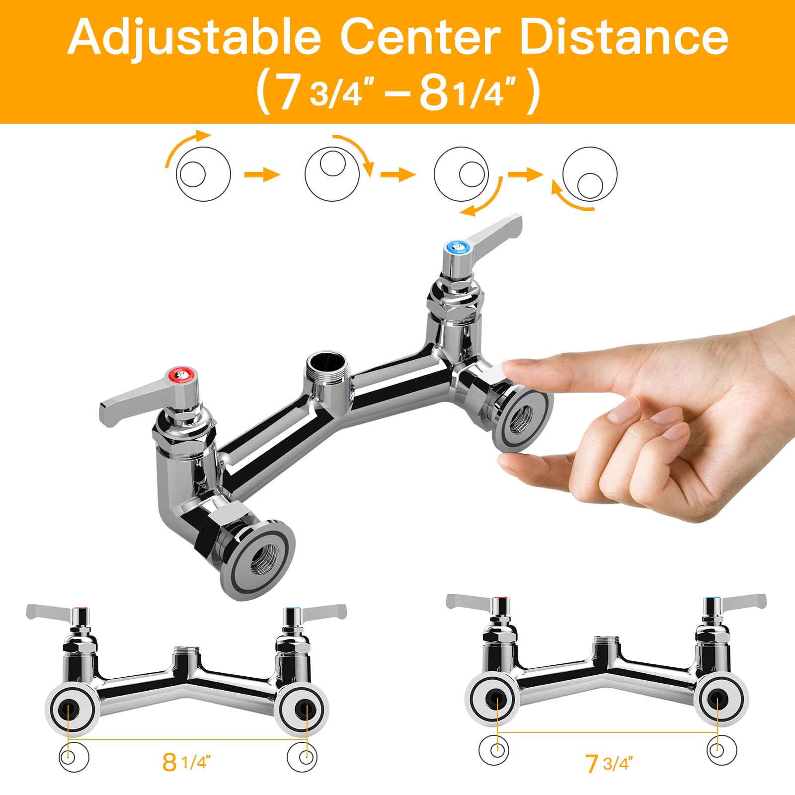 FAUAID Commercial Sink Faucet with Sprayer 25" Height 8" Adjustable Center 10" Swing Spout,Brass Constructed Wall Mount Commercial Faucet with Pull Down Pre-Rinse Sprayer for 1/2 Compartment Sink(25")