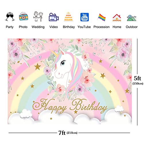 GEAMLA 7x5ft Pink Rainbow Unicorn Birthday Party Decoration - Photography Backdrop & Decorations for Girls Bedroom
