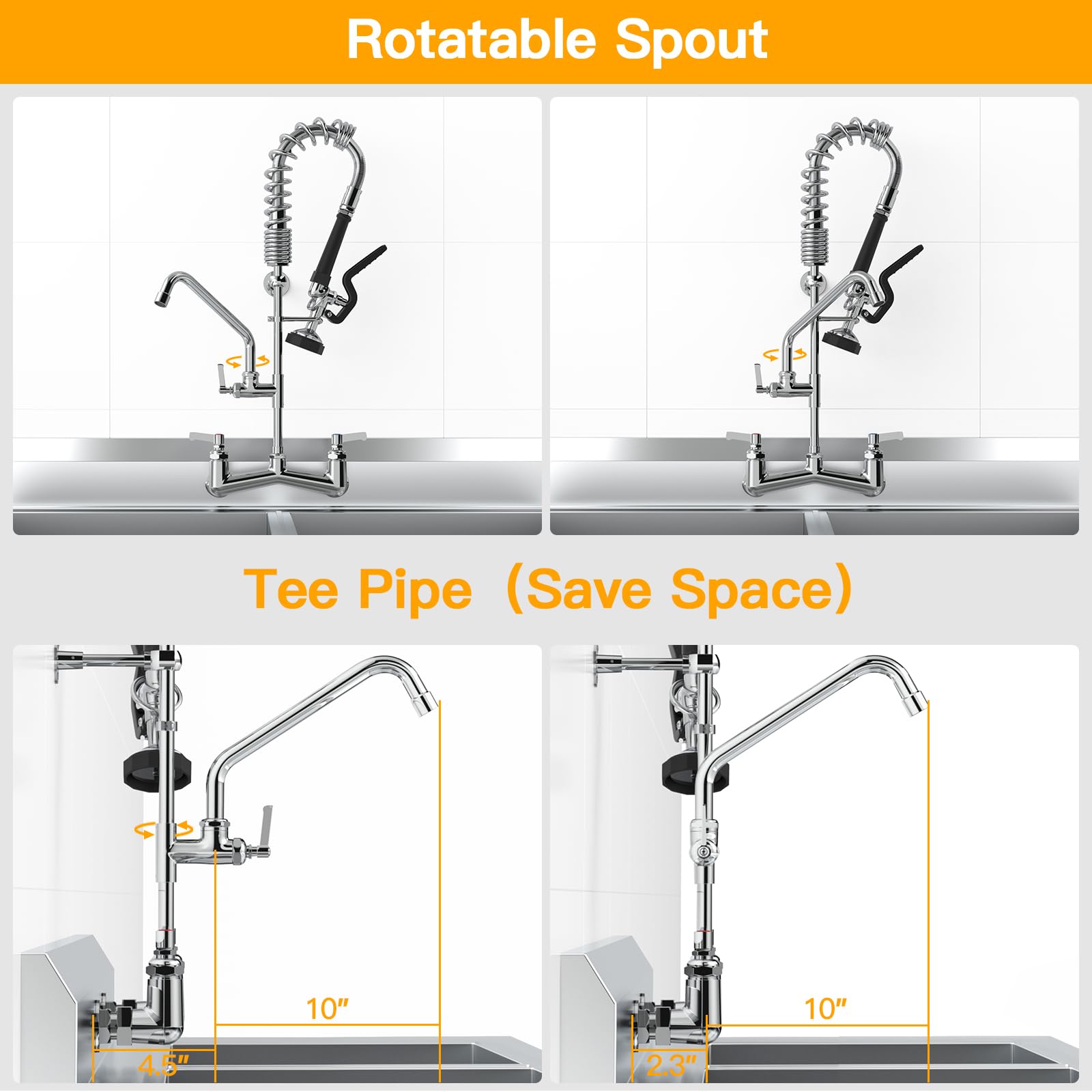 FAUAID Commercial Sink Faucet with Sprayer 25" Height 8" Adjustable Center 10" Swing Spout,Brass Constructed Wall Mount Commercial Faucet with Pull Down Pre-Rinse Sprayer for 1/2 Compartment Sink(25")