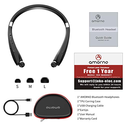 AMORNO Foldable Bluetooth Headphones Wireless Neckband Headset with Retractable Earbuds, Sports Sweatproof Noise Cancelling Stereo Earphones with Mic