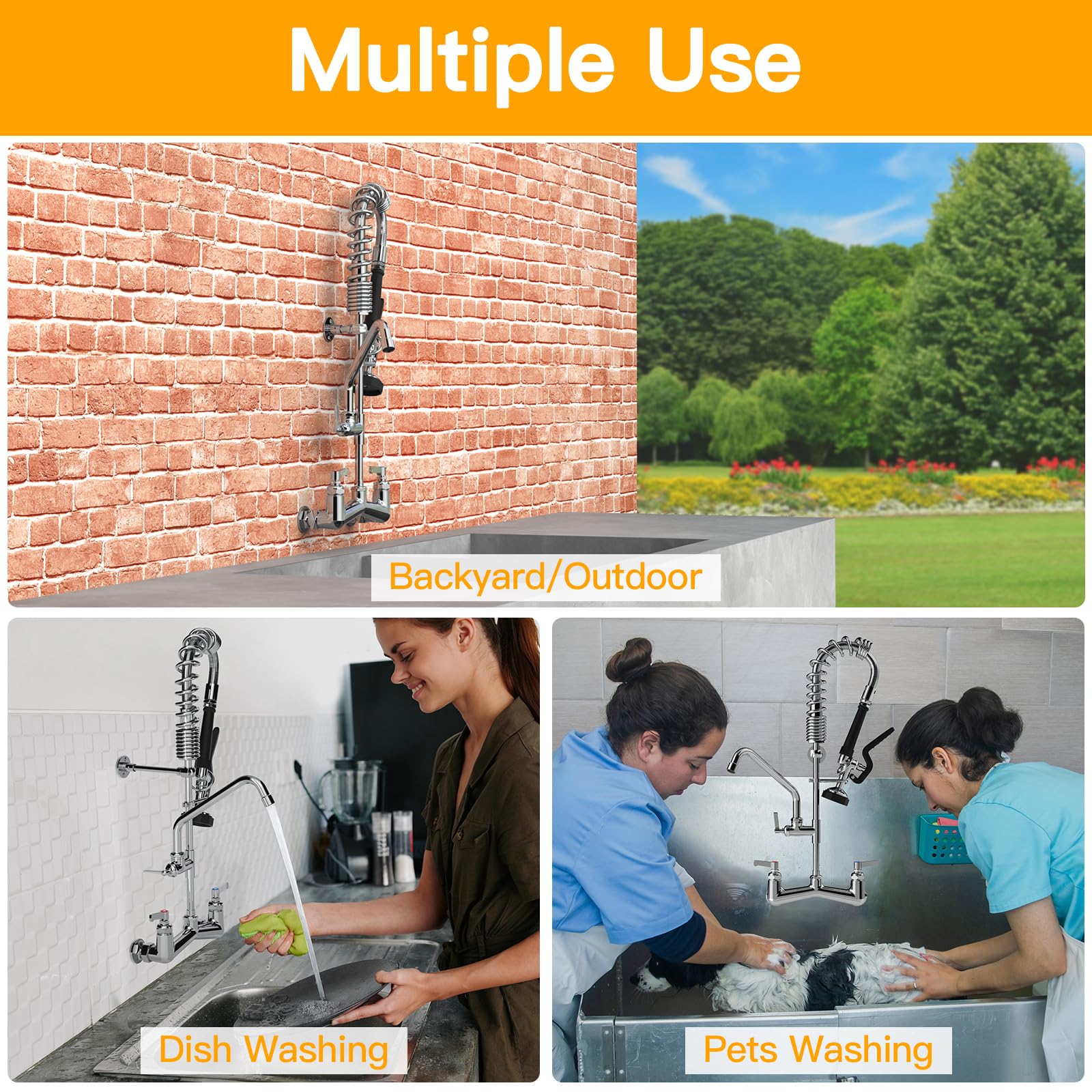 FAUAID Commercial Sink Faucet with Sprayer 25" Height 8" Adjustable Center 10" Swing Spout,Brass Constructed Wall Mount Commercial Faucet with Pull Down Pre-Rinse Sprayer for 1/2 Compartment Sink(25")