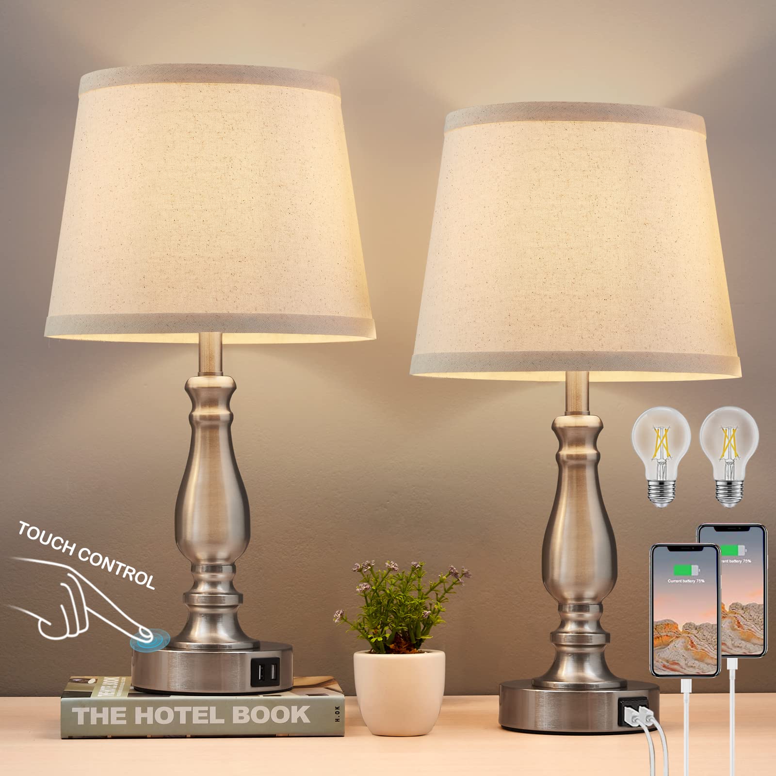 Lamps for Bedrooms Set of 2, Brushed Nickel Bedside Lamps with USB C+A Ports, 3 Way Dimmable Nightstand Lamps with Fabric Lampshade, Touch Table Lamp for Living Room Bedroom Office, Bulbs Included